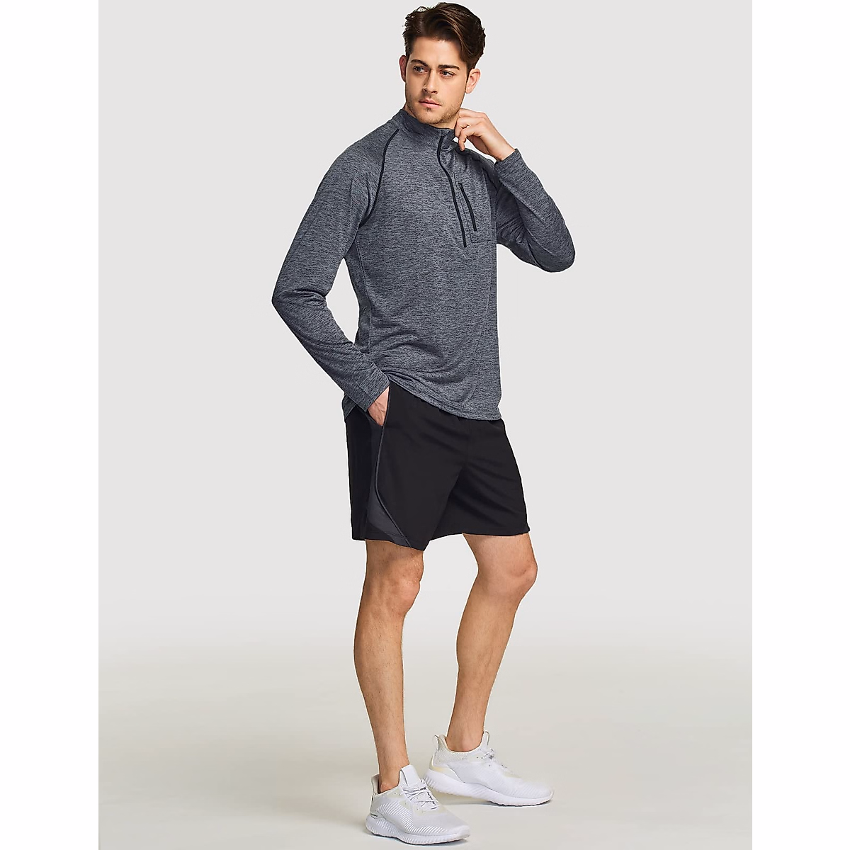 ATHLIO Men's Long Sleeve Athletic Shirts - Quick Dry, UV Sun Protection, 1/4 Zip Pullover Running Tops, 3-Pack Black/Carbon Grey/White, Large