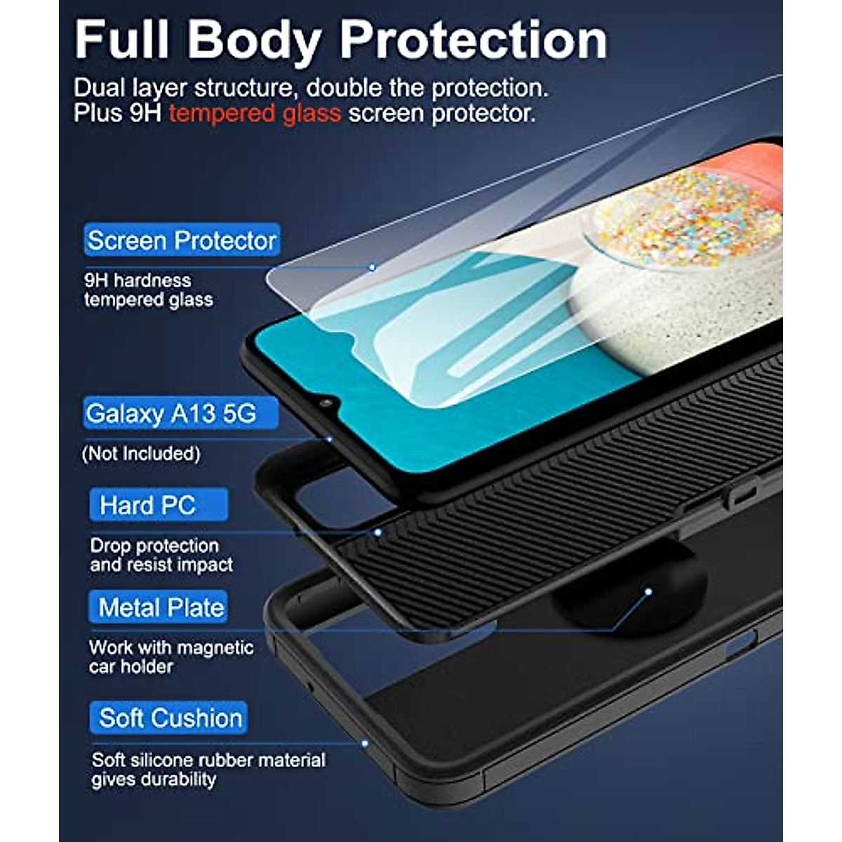 Dahkoiz for Samsung Galaxy A13 5G Phone Case, with Glass Screen Protector, Dust-Proof Port Cover, Magnetic Car Mount Support, Full Body Non-Slip Rubber Covered, Durable & Shockproof, Black/Black