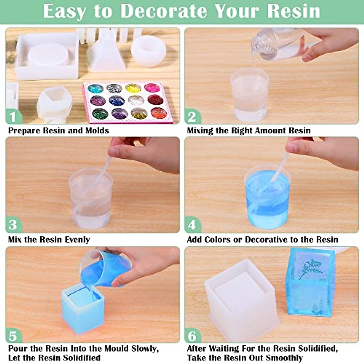 Silicone Resin Molds Kit 26PCS, Epoxy Resin Molds, Large Resin Casting Molds with 12 Glitter Sequins for UV Resin Casting, Including Sphere, Cube, Pyramid, Square, Coaster, Stone & Pendants