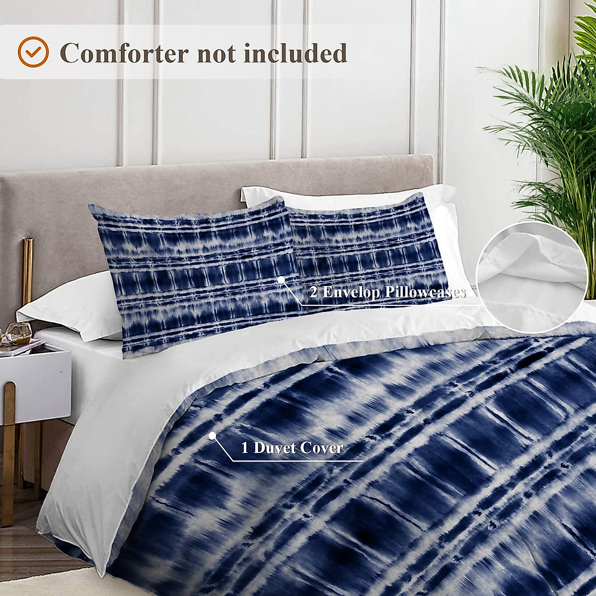 Shrahala Blue Tie Dye Duvet Cover Set Twin Size, Shibori Striped Navy Indigo Abstract Folk 3 Pieces Soft Brushed Duvet Covers with Button Closure, 100% Cotton (No Comforter)