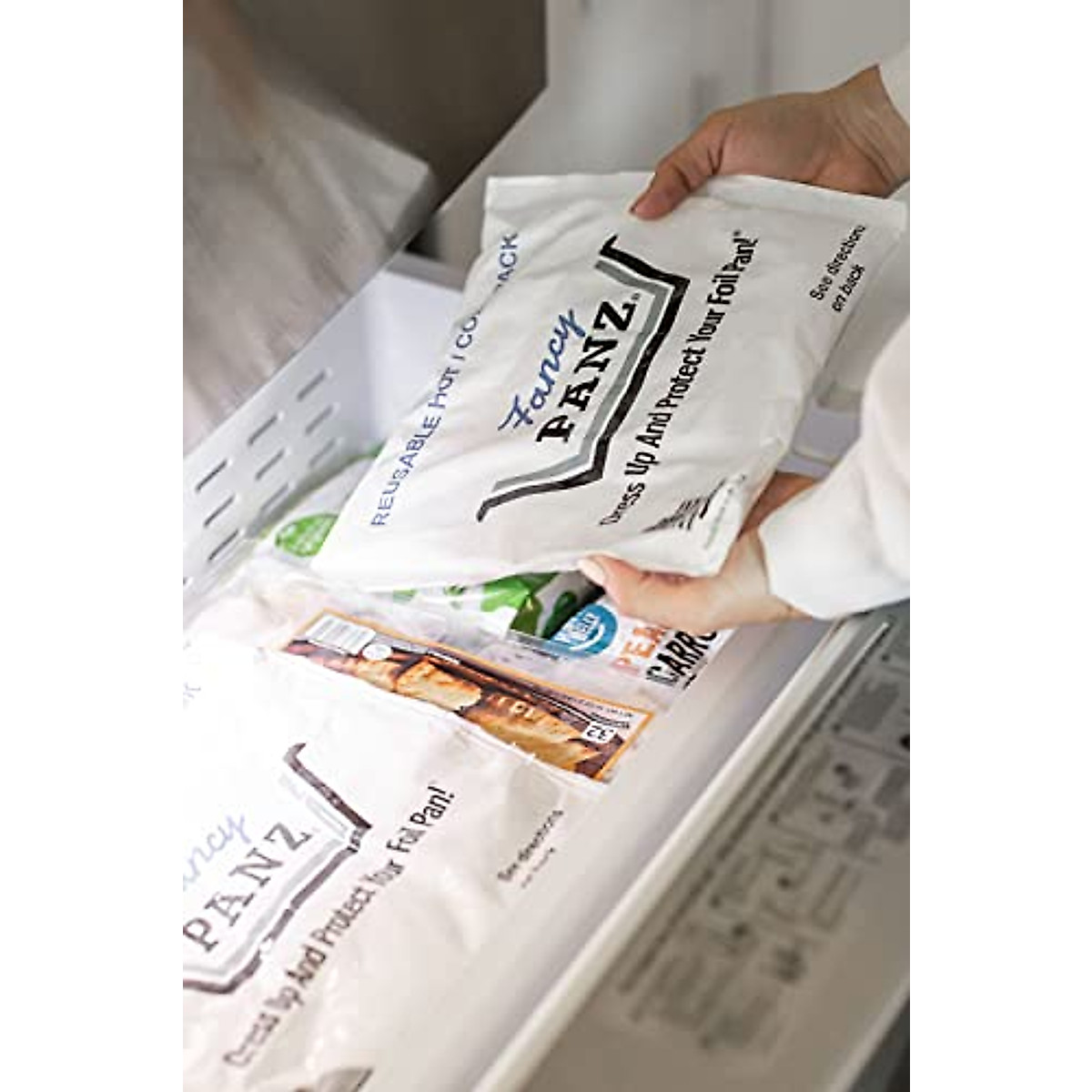 Fancy Panz Premium Dress Up & Protect Your Foil Pan, Made in USA. Hot/Cold Gel Pack, One Half Sized Foil Pan & Serving Spoon Included. Stackable for easy travel. (Marble)