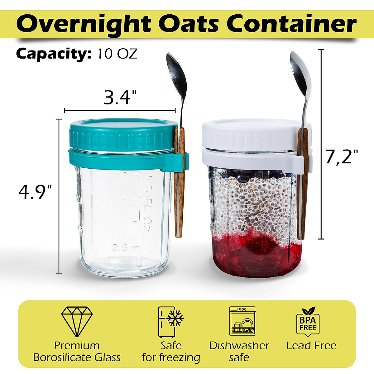 CJWM - 2 Pack 10 Oz Overnight Oats Containers with Lids and Spoon Glass Meal Prep Containers Oats Yogurt and Granola Container To Go Jars Oatmeal Container Leak-Proof