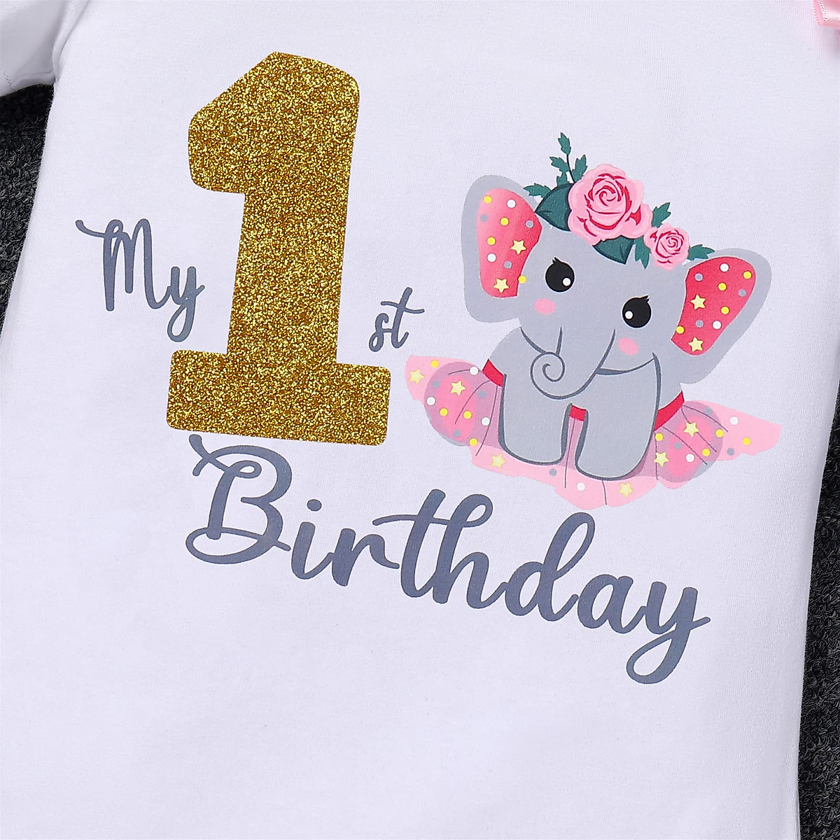 IDOPIP Elephant 1st Birthday Outfit for Baby Girl Elephant Romper + Ruffle Tulle Tutu Skirt + Headband 3PCS Clothes Set for Elephant Theme Jungle Zoo Birthday Cake Smash Photo Shoot Pink 1 Year