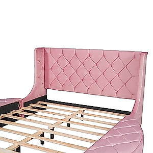 GERDIOEB Queen Upholstered Platform Bed with Wingback Headboard and 1 Large Drawer, Velvet Platform Mattress Foundation, 2 Side Storage Benches Queen Size Bed (Pink)