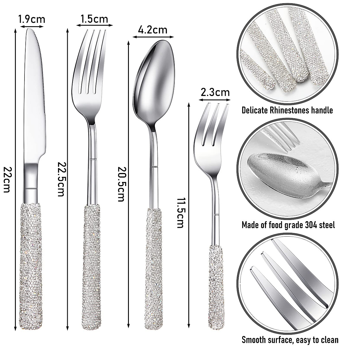 4 Pcs Bling Silverware Set Wedding Rhinestones Stainless Steel Knife Fork and Spoon Glitter Travel Cutlery Flatware Dinnerware Utensils Tableware Sets for Birthday Bridal Party Gifts (Silver)