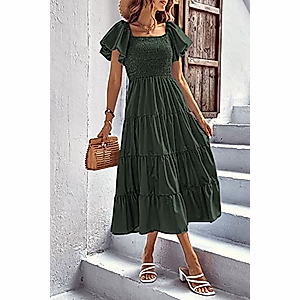PRETTYGARDEN Women's Casual Summer Midi Dress Puffy Short Sleeve Square Neck Smocked Tiered Ruffle Dresses (Army Green,Medium)