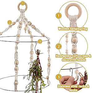 Boho Herb Drying Rack Double- Macrame Flower Drying Rack with 15 Hooks Handcrafted Woven Hanging Herb Dryer with Cotton Rope Wooden Hanging Ring Herb Hangers for Drying Air Plants Spices Flowers