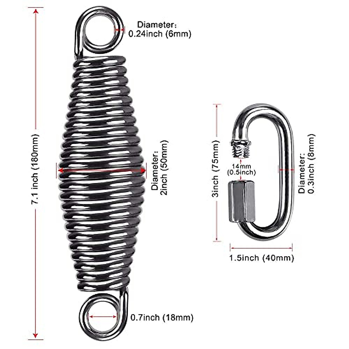 Heavy Duty Swing Spring for Hammock Chair, Porch Swing, Hammock Stands, Heavy Bag Mount, Innovative Conical Shape & Double Closed Ring Design Up to 400lbs, w/Locking Carabiners SELEWARE