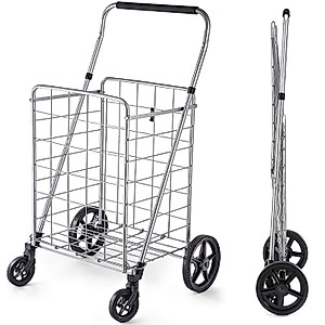 Wellmax Grocery Shopping Cart with Adjustable Handle and Swivel Wheels, Heavy Duty Foldable and Collapsible Utility Cart