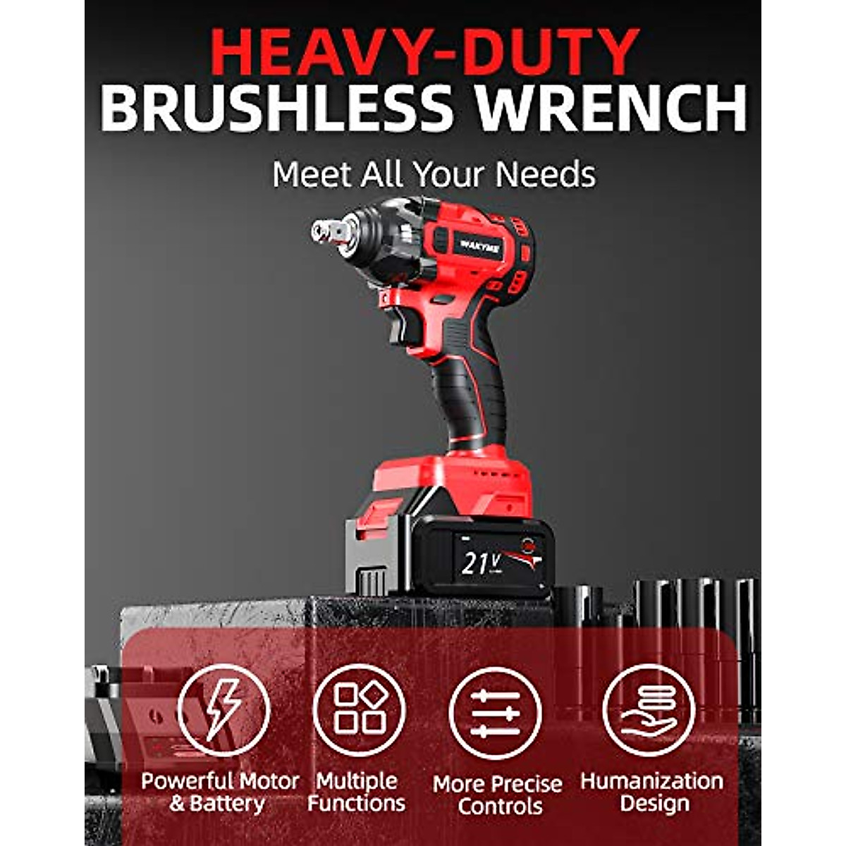 WAKYME 21V MAX Cordless Impact Wrench Kit, 1/2" Brushless Compact Wrench Power Tool Kit, TWO 4.0AH Li-ion Battery, 7Pcs Driver Impact Sockets, Fast Charger, Belt clip, Tool Box (250 Ft-lb Torque)