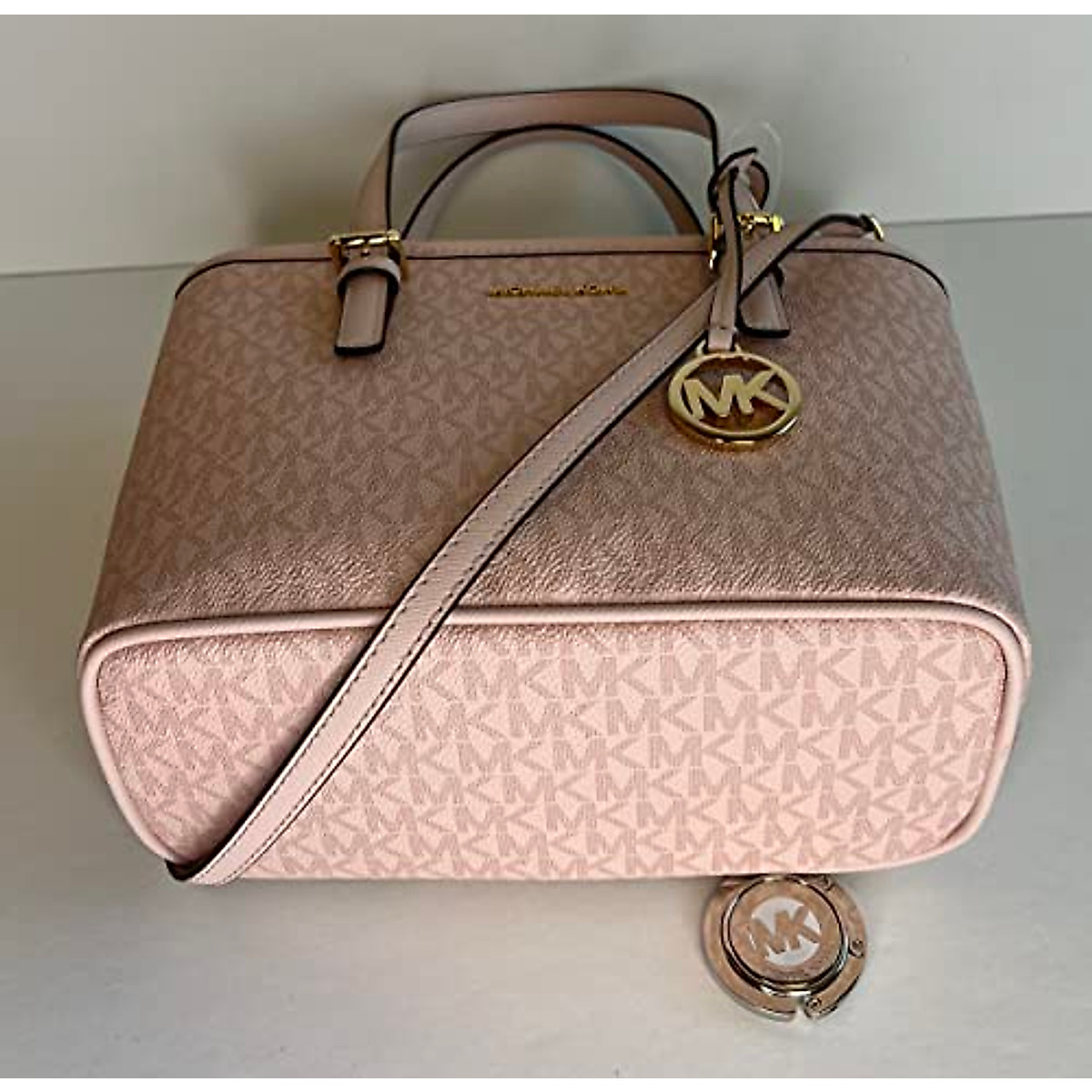 Michael Kors Jet Set Travel XS Carryall Convertible Top Zip Tote bundled with SM TZ Coinpouch and Purse Hook (DK Powder Blush)