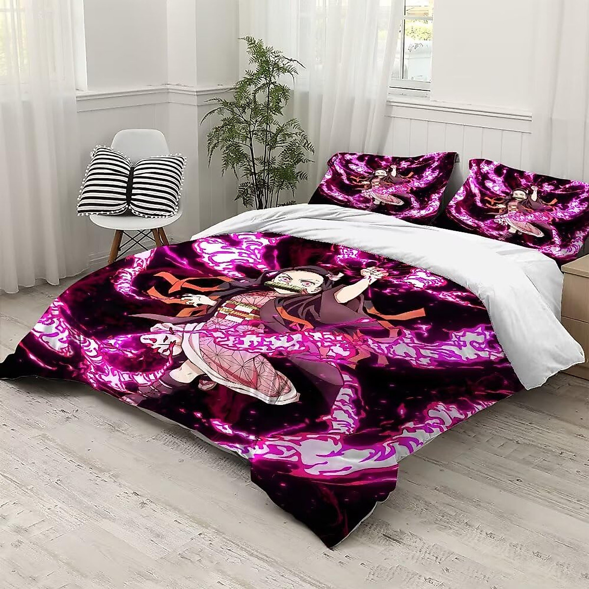 Zekdoi Japanese Anime Duvet Cover Set Full Size,Demon Kamado Nezuko Bedding Comforter Cover for Teen Boys Girls Bedroom Decor, 3 Pieces Soft Microfiber Bedding Sets with 2 Pillowcases