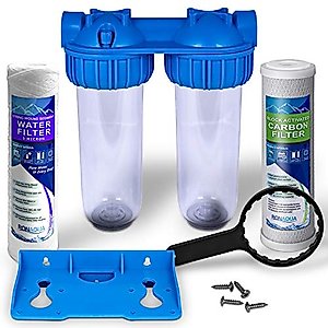 Dual Whole House Water Filter System, Transparent Standard Housings, Presser Relief Button, 3/4” Inlet/Outlet Brass Port, Meets NSF Standards & Regulations (Carbon and Wound String Sediment Filters)