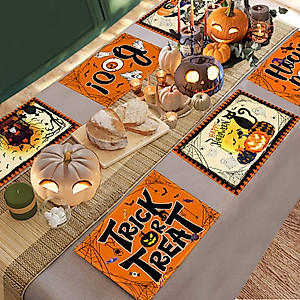 Halloween Placemats Set of 6,12x18 Inch Halloween Decorations Place Mats for Dining Table with Treat or Trick