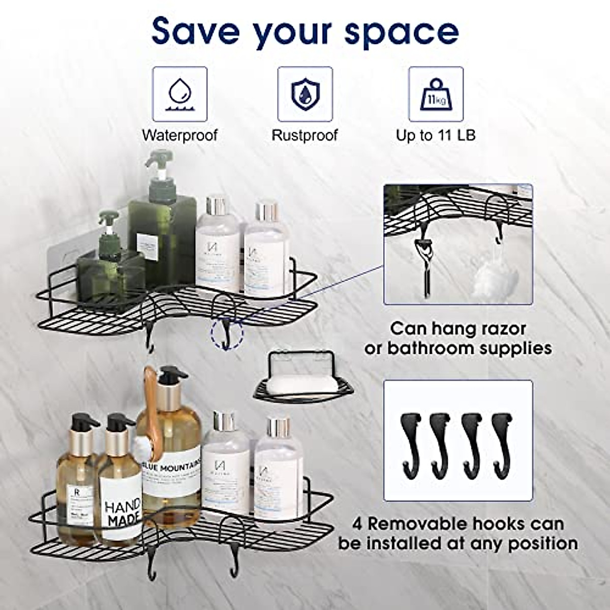 Huryfox Corner Shower Caddy Bathroom Organizer Shower Shelf with Soap Holder and Hooks, Adhesive Shower Shelves, Wall Mounted Shampoo Holder, 2 Pack Shower Racks for Inside Shower, Black