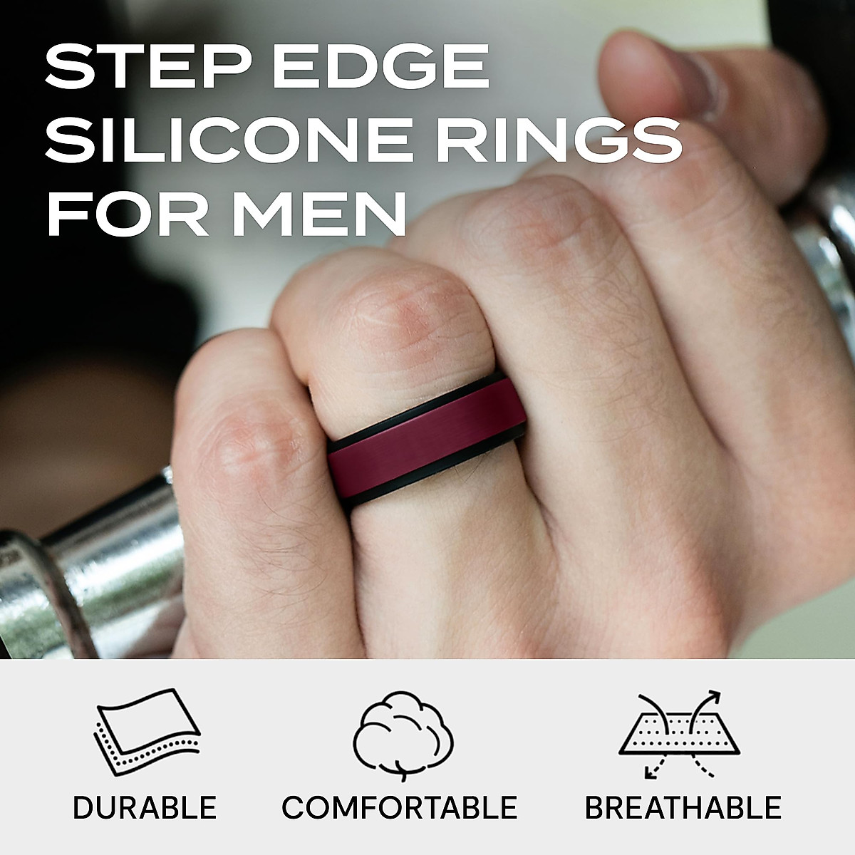 ROQ Silicone Rubber Wedding Ring for Men, Comfort Fit, Men's Wedding Band, Breathable Rubber Engagement Ring/Band, Step Edge, 8mm Wide 2mm Thick, 4 Pack, Black, Grey, Bordeaux, Dark Blue, Size 11