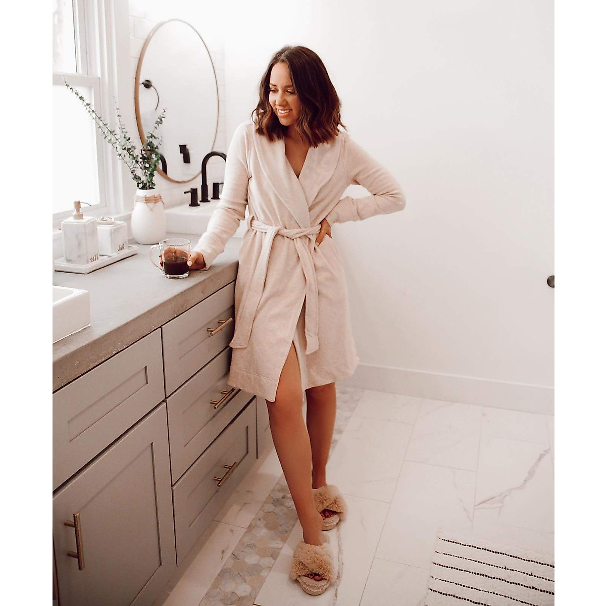 Yogalicious Ultra Plush Cozy Fleece Robe - Heather Snow - Large