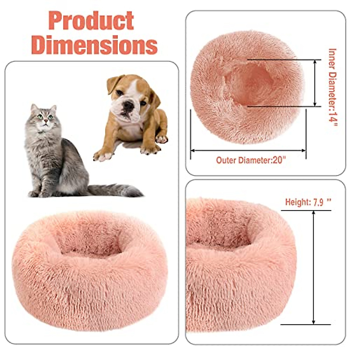 Calming Dog Bed & Cat Bed,Anti-Anxiety Donut Cuddler Dog Bed,Warming Cozy Soft Round Pet Bed for Mini Small Medium Dogs Cats,Fluffy Faux Fur Plush Pet Dog Cat Cushion Bed for Kitty Puppy 20"