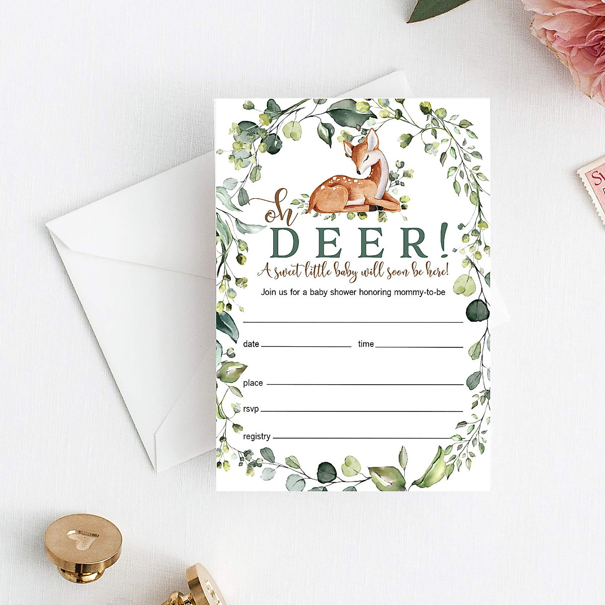 Set of 25 Oh Deer! Baby Shower Invitations, Gender Neutral Baby Shower Invitations, Woodland Baby Shower Invitations with Envelopes