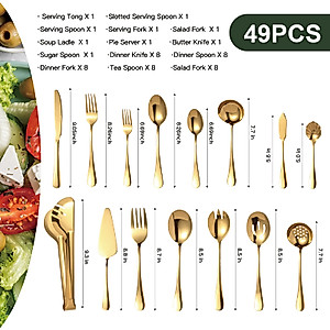 Keyoxy Gold Silverware Set for 8, 49 Pcs Stainless Steel Flatware Set with Serving Spoon,Slotted Spoons,Forks,Serving Tongs,Pie Server,Butter Knife Serving Utensils Set for Parties,Buffet,Kitchen