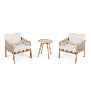 JONATHAN Y LVG1203A-3SET Aveiro 3-Piece Modern Bohemian Roped Acacia Wood Conversation Outdoor Patio Set with Cushions Coastal, Contemporary, Transitional, Rustic, Cottage, Beige/Light Teak