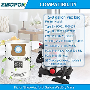 6 Pack 90661 Type E / 90671 Type H Filter Bags Compatible with Shop Vac 5-8 Gallon Wet/Dry Vacuum, Part 9066100 9066133 9067100 9067133