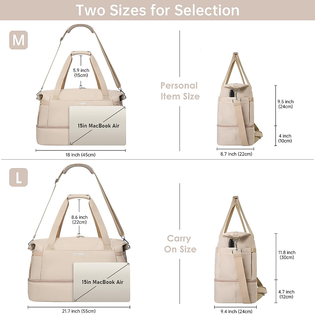 ETRONIK Gym Bag for Women, 55L Travel Duffel Bag with USB Charging Port, Weekender Overnight Bag with Wet Pocket and Shoes Compartment for Women Travel, Large Size (Khaki)