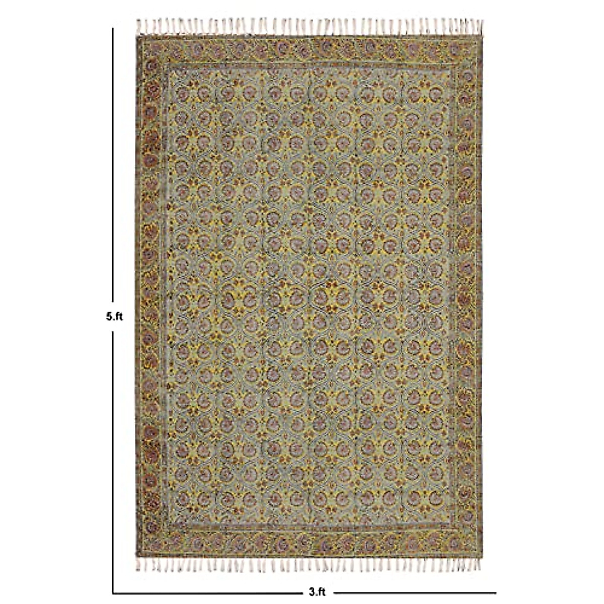Casavani Hand Block Printed Cotton Dhurrie Floral Tassel Rug Boho Area Rug Easy Care Washable Rugs for Doormat Entryway Living Room Bedroom Hallway Balcony 12x12 Feet Square