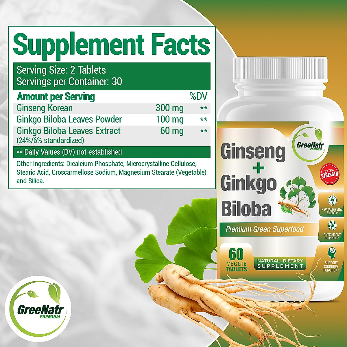 GreeNatr Ginko Biloba & Panax Ginseng Supplement - Red Ginseng Brain Supplement for Memory and Focus - Ginkgo Biloba Supplements for Good Vision, Immune System and Improved Blood Flow - 3 Bottles