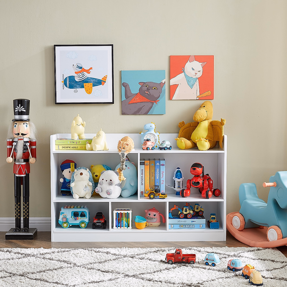 Kids Toy Storage Organizer, 5-Section Bookshelf for Organizing Books Toys, Wooden Storage Cabinet Daycare Furniture for School, Classroom Playroom, Nursery, Kindergarten (White)