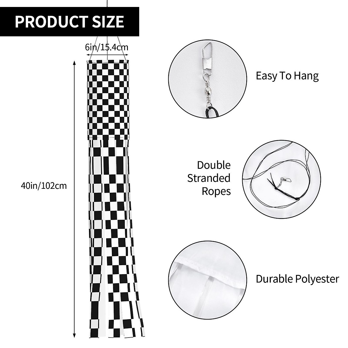 Halloween Windsock Garden Décor - Lighted 40 Inch With Lights - Fast Drying And Lightweight Christmas Holiday Without Light Black And White Checkered