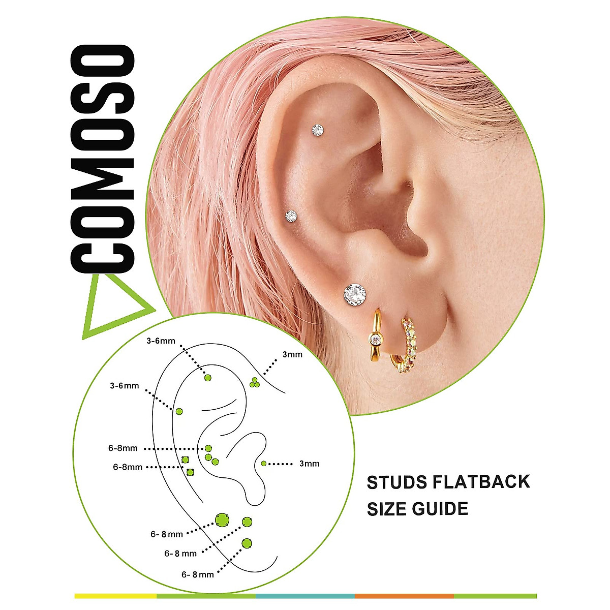 Earrings for Women, 8 Pairs Stud Earrings Set for Men, COMOSO 18K White Gold Plated S925 Sterling Silver Cubic Zirconia Earrings Studs 3-6mm, Birthday Christmas Gift