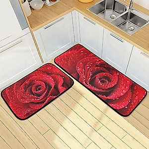 Kigai [2 PCS Red Roses Anti Fatigue Mats for Kitchen Floor Non-Slip Waterpoof Kitchen Rugs Soft and Cushioned Kitchen Mats for Standing, Floor, Office, Laundry, Sink