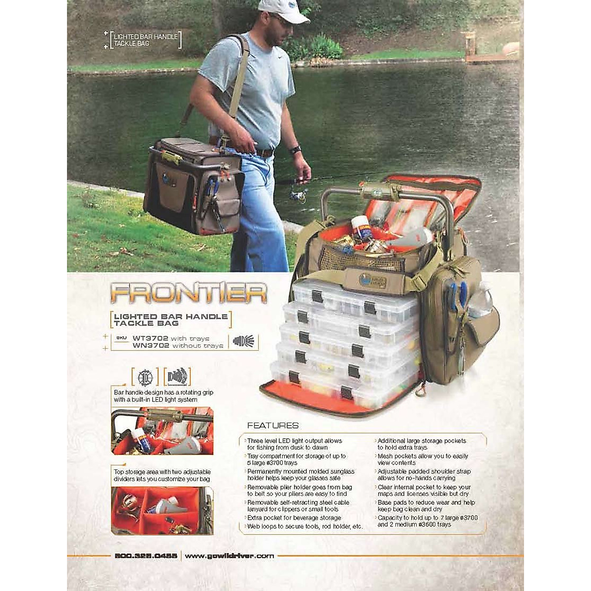 Wild River by CLC Custom Leathercraft WT3702 Tackle Tek Frontier Lighted Handle Bar Fishing Tackle Bag, 5 PT3700 Trays