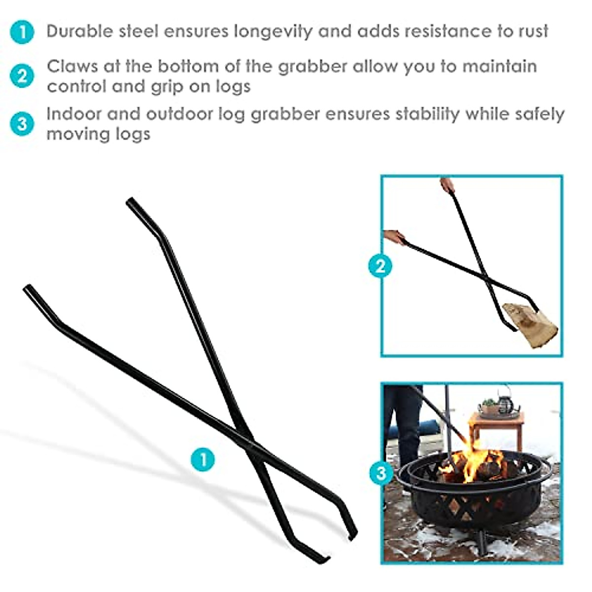 Sunnydaze 40-Inch Log Claw Tongs - Heavy-Duty Metal Outdoor/Indoor Gripping Tool for Wood-Burning Fire Pits