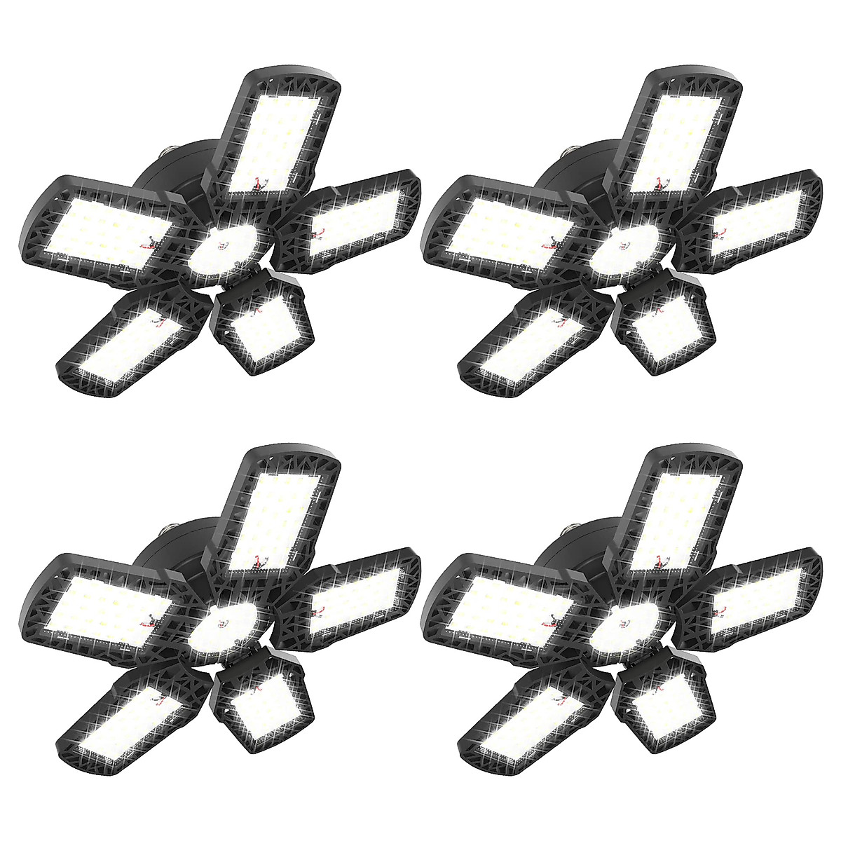 SUNGDOGIN 4 Pack LED Garage Lights, 150W 15000LM 6500k Deformable LED Screw in Garage Ceiling Light with 5+1 Adjustable Panels for Garage, Workshop, Basement, Shop, Warehouse, E26/27