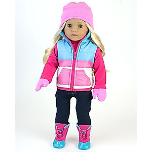 Sophia's 18" Doll 4 pc. Winter Fun Set with Puffy Powder Blue, White, and Hot Pink Striped Vest, Pink Fleece Hat and Mittens, and Polar Bear Snowflake Print Inner Tube