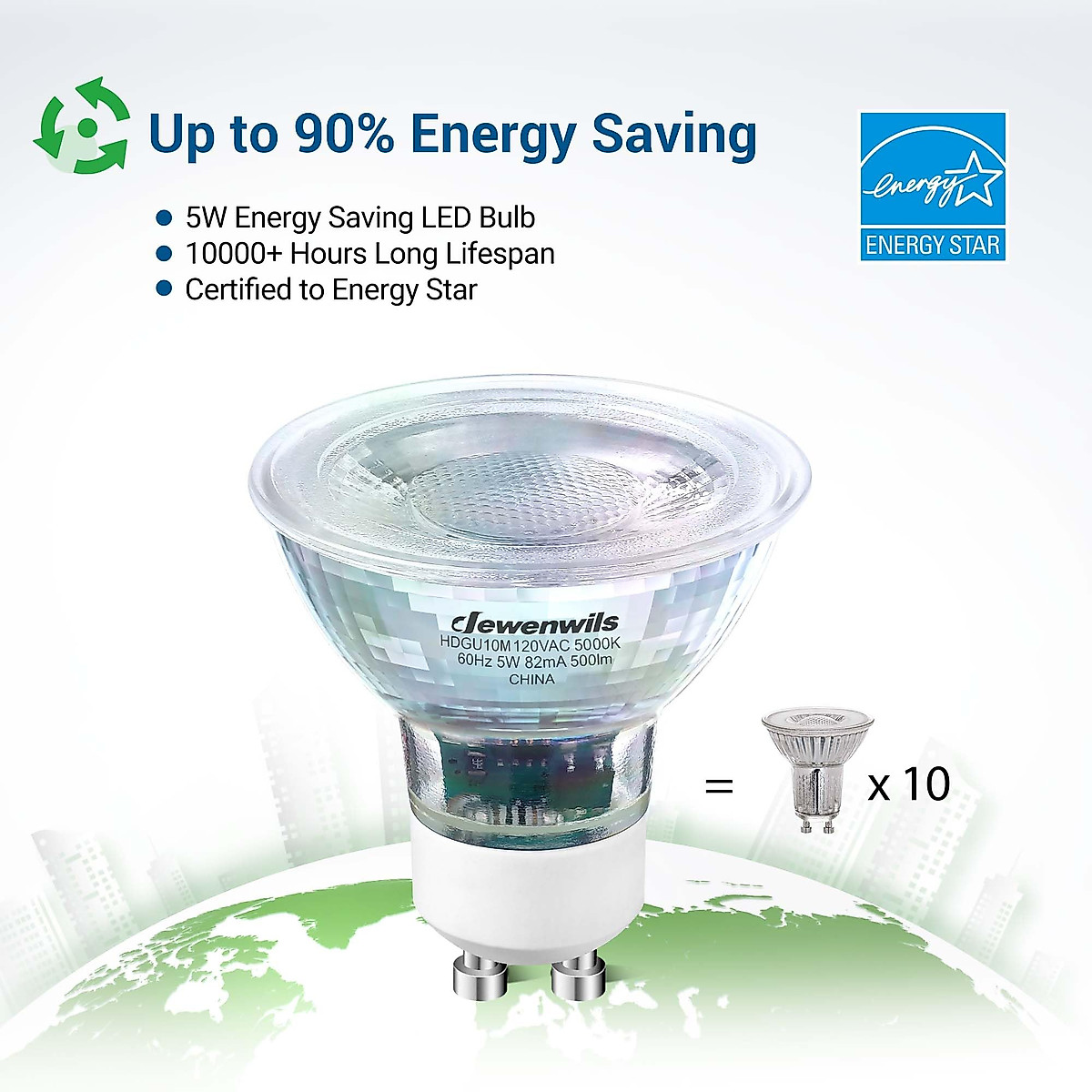 DEWENWILS 10-Pack GU10 Bulb Dimmable, LED Bulb Replacement for Track Lighting, Two Prong Bulb with Glass Cove for Range Hood, 50W Equivalent, 500LM, UL Listed (5000K Daylight White - 35°Beam Angle)