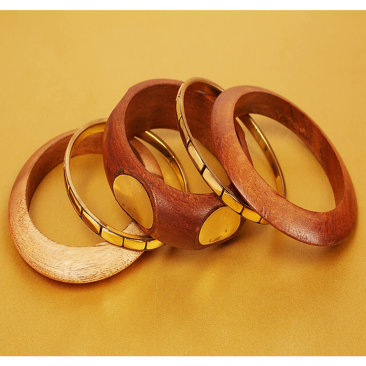 Touchstone New Indian Masterly Handcrafted Natural Crafted Wood and Brass Fine Workmanship Designer Jewelry Style Statement Bracelets Bangle Set for Women.