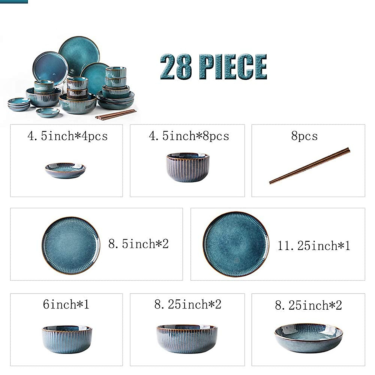 Fine Dinnerware Set,Dinnerware Set,Blue Porcelain Dinnerware Sets, Ceramic Plates and Bowls Dinner Sets, Modern Creativity Reactive Glaze Stoneware Dishes Set for Kitchen/Dining,28 piece (serving 8 pe