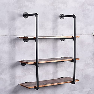 BOKKOLIK Farmhouse Floating Pipe Shelf with 31.5inch Length Wood Plank Retro Storage Wall Mounted Book Shelves 3 Tier for Kitchen Office Living Room