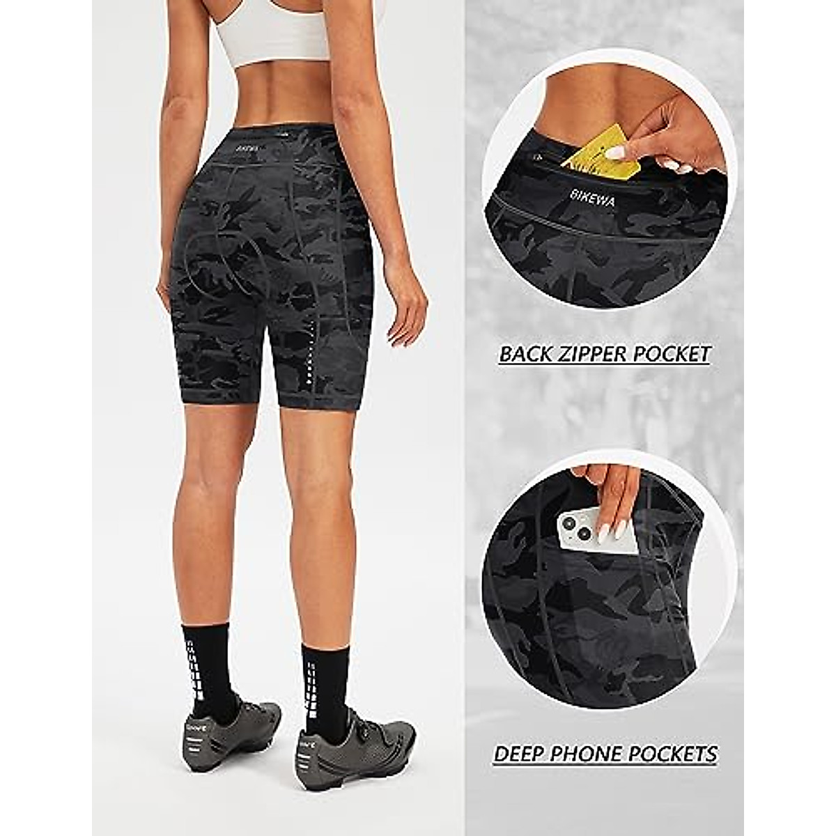 Women's 4D Padded Bike Shorts Cycling Padding Riding Bicycle Road Mountain Biking Spinning Cycle Spin Shorts for Women with Zipper Pockets(Camo Black,L)