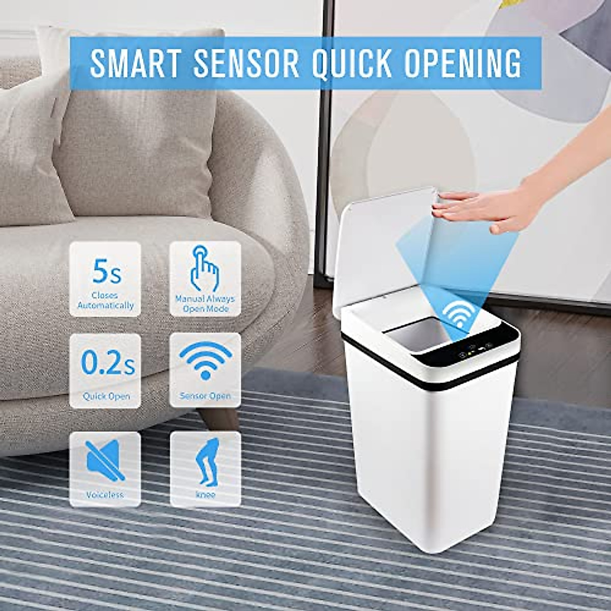 BIGEBAN Touchless Bathroom Trash Can with Lid, 2.5 Gallon Slim Smart Garbage Can, Automatic Motion Sensor Trash Can for Bathroom, Kitchen, Office, Bedroom, Living Room, Toilet (White)