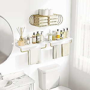 Love-KANKEI Floating Shelves Wall Mounted, Bathroom Shelf with Towel Bar, Wall Shelves with Wire Storage Basket,Wood Shelves for Kitchen Bedroom Living Room, Set of 3 White and Gold