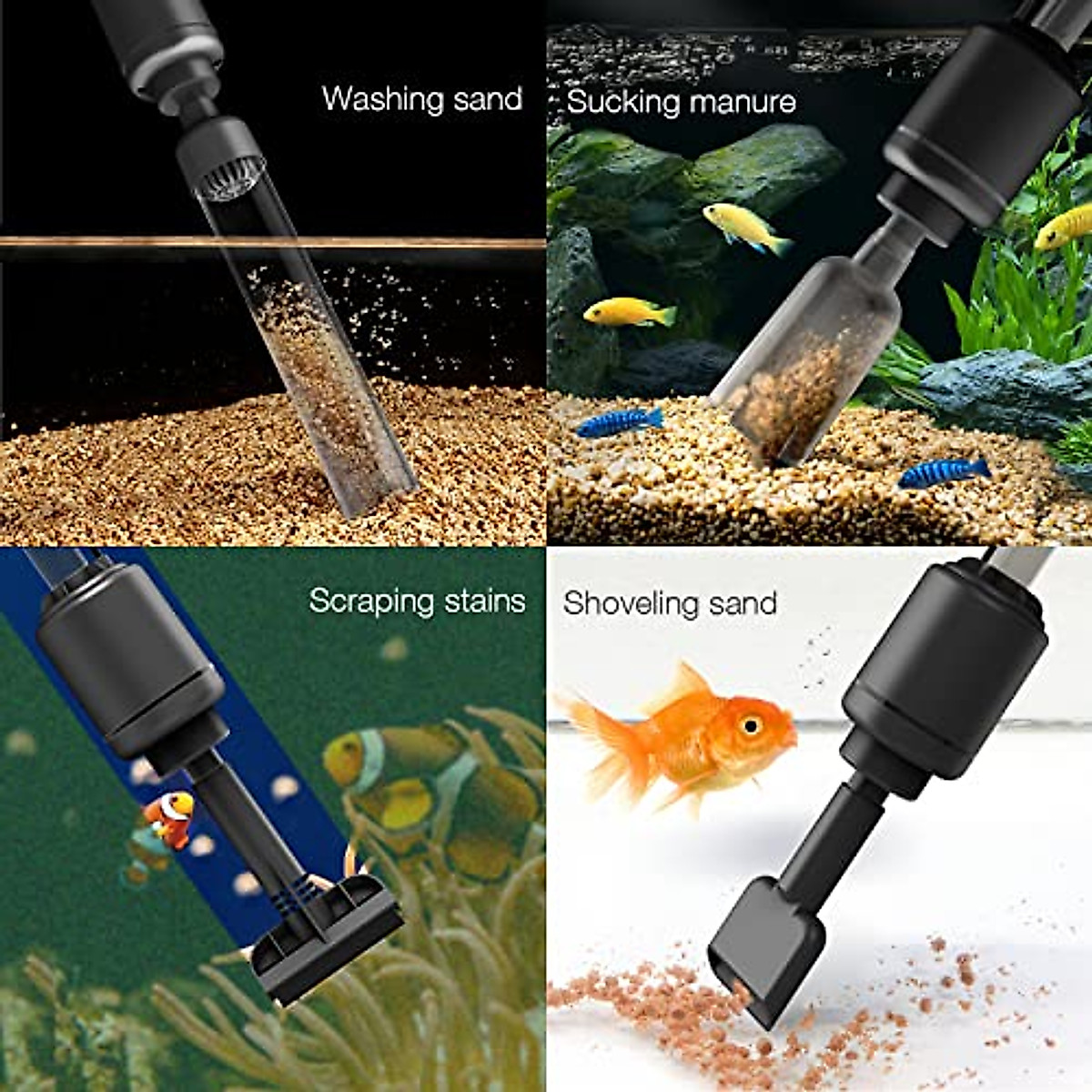 AKKEE Electric Aquarium Gravel Cleaner Vacuum, Fish Tank Cleaner 6 in 1 Automatic Water Changer Filter for Washing Sand Removable Siphon Vacuum Gravel Cleaner 18W IP68 Waterproof Safer Black Style