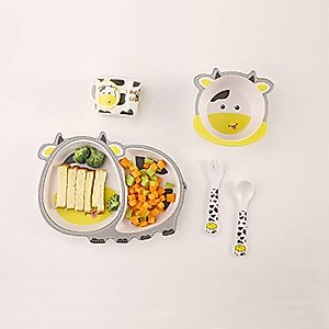 Fekdod Kids Dinnerware Set Bamboo 5 Pcs with Plate Bowl Cup Fork Spoon (Cow)