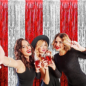 4 Pack Silver Red Foil Fringe Curtain Backdrop, 3.28Ft x 6.56Ft Metallic Tinsel Foil Fringe Streamers Curtains for Photo Booth, Wedding, Circus Welcome Carnival Birthday Party Decoration