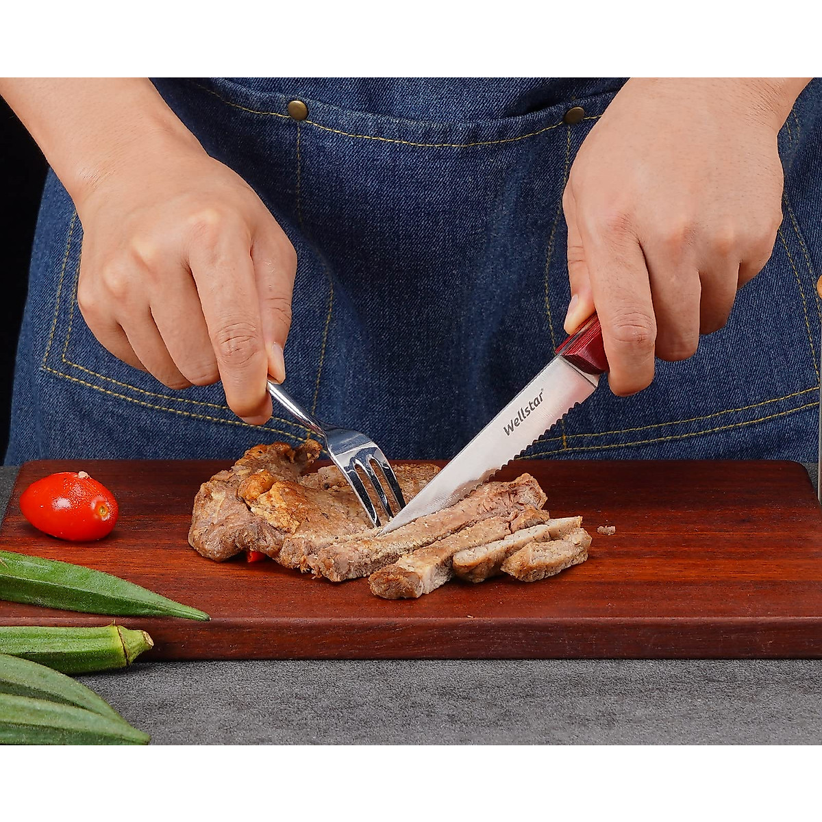 WELLSTAR Serrated Steak Knife Set of 6, Ultra Sharp Japanese Stainless Steel 4.5 inch Blade and Full Tang Pakkawood Handle Dinner Table Knives Pack for Home Kitchen Restaurant – Triple Riveted