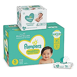 Diapers Size 5, 132 Count and Baby Wipes - Pampers Swaddlers Disposable Baby Diapers and Water Baby Wipes Sensitive Pop-Top Packs, 336 Count (Packaging May Vary)