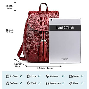 Women Small Genuine Leather Backpack Purse Crocodile Designer Bag (Wine Red)